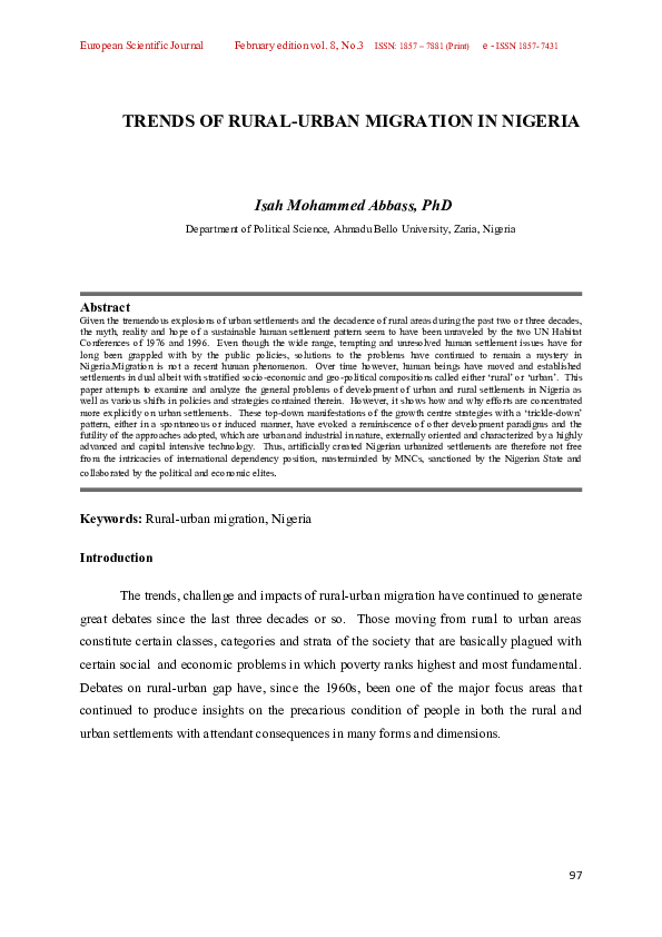 (PDF) Trends of Rural-Urban Migration in Nigeria