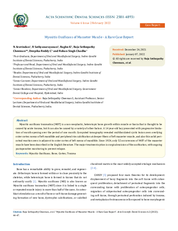 (PDF) Myositis Ossificans of Masseter Muscle - A Rare Case Report