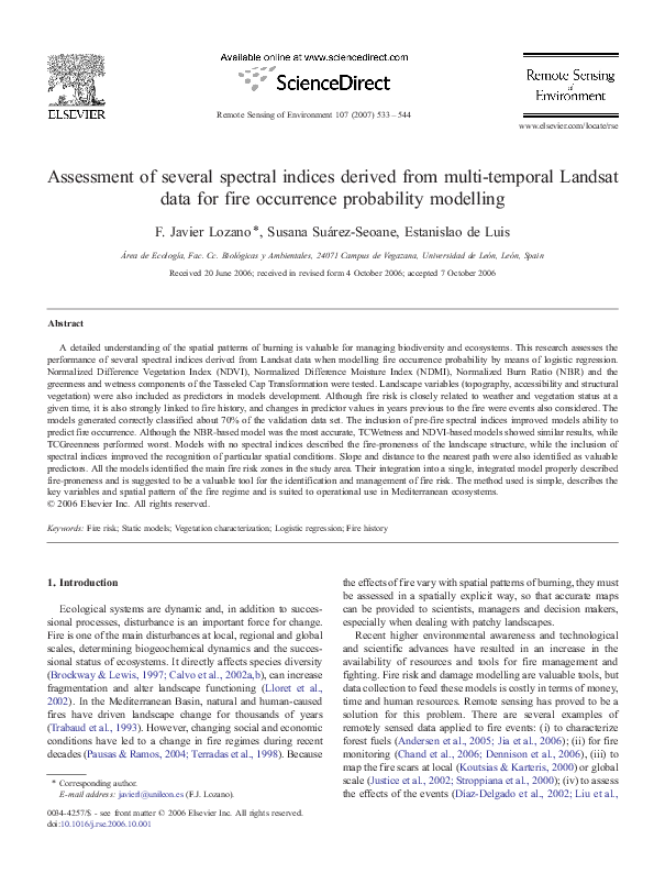(PDF) Assessment of several spectral indices derived from multi-temporal Landsat data for fire ...