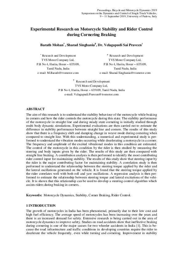 (PDF) Experimental Research on Motorcycle Stability and Rider Control ...