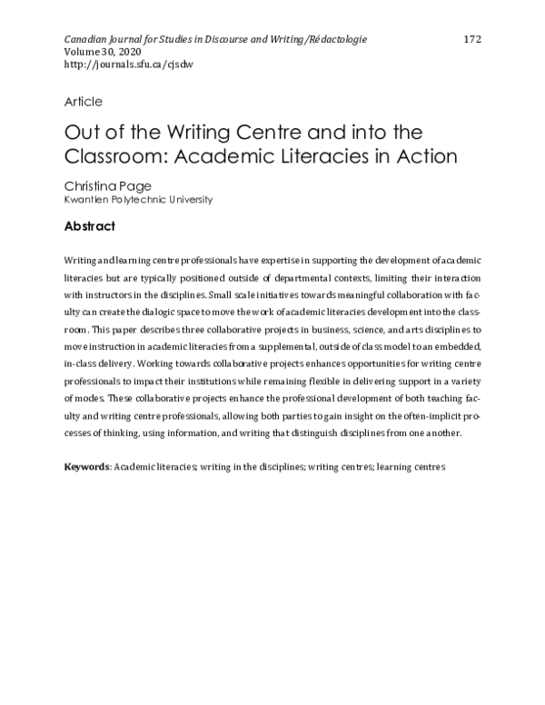 (PDF) Out of the Writing Centre and into the Classroom: Academic Literacies in Action