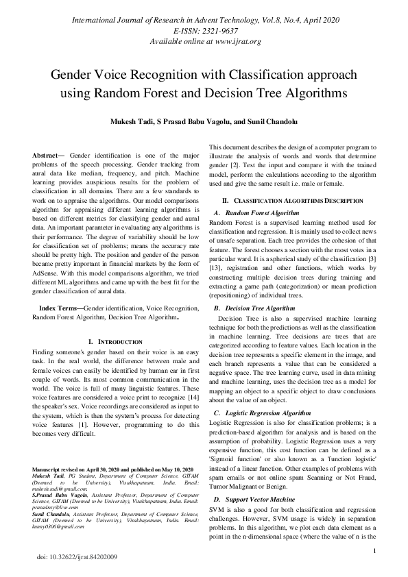 (PDF) Gender Voice Recognition with Classification approach using Random Forest and Decision ...