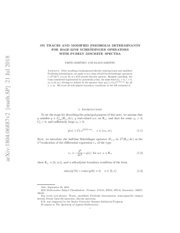 Pdf Modified Fredholm Determinants For Half Line Schrödinger Operators