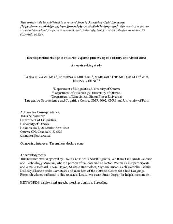(PDF) Developmental change in children’s speech processing of auditory and visual cues: An ...