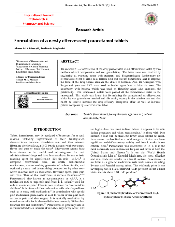 (PDF) Formulation of a newly effervescent paracetamol tablets