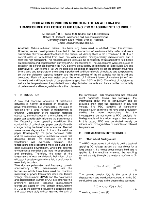 Pdf Insulation Condition Monitoring Of An Alternative Transformer Dielectric Fluid Using Pdc
