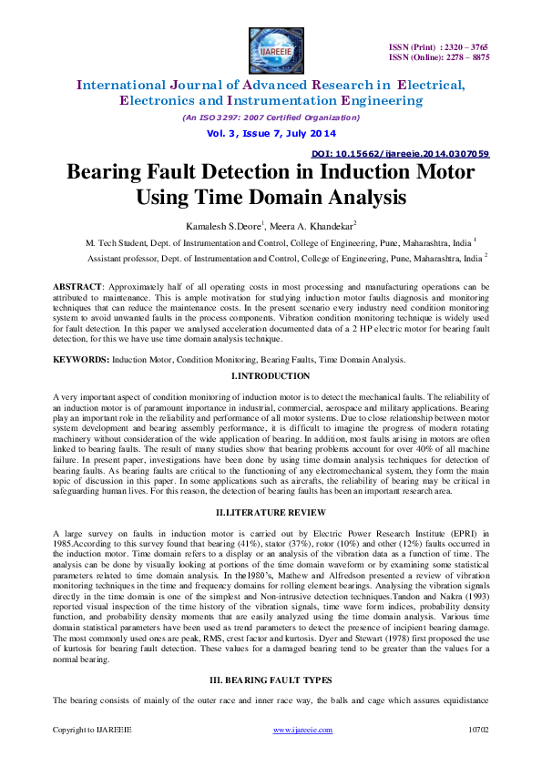 Pdf Bearing Fault Detection In Induction Motor Using Fast Fourier Transform