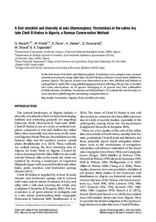(PDF) A First Checklist and Diversity of Ants (Hymenoptera: Formicidae) of the Saline Dry Lake ...