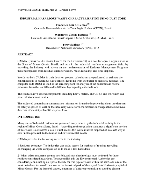 (PDF) Hazardous Waste Characterization Using Dust Code
