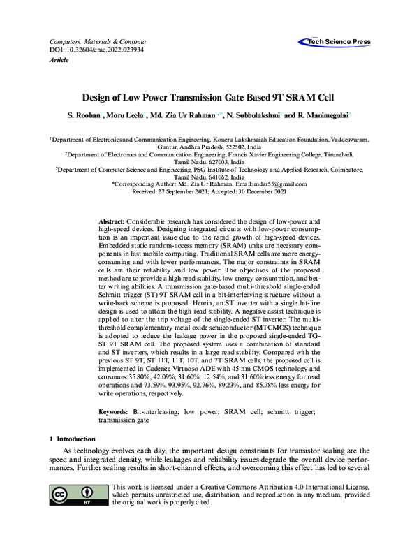 (PDF) Design of Low Power Transmission Gate Based 9T SRAM Cell