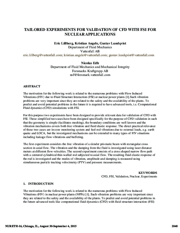 (PDF) For Validation of CFD with Fsi for Nuclear Applications