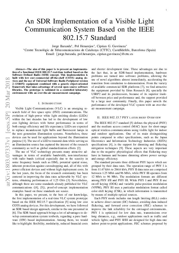 Pdf An Sdr Implementation Of A Visible Light Communication System Based On The Ieee 802 15 7