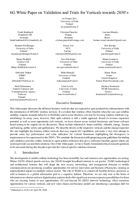 (PDF) 6G White Paper on Validation and Trials for Verticals towards 2030’s1