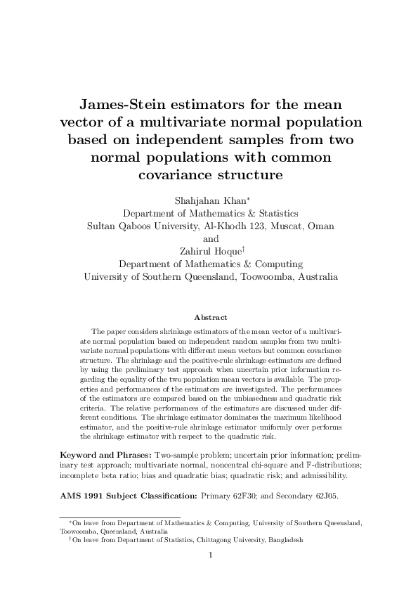 Pdf James Stein Estimators For The Mean Vector Of A Multivariate Normal Population Based On