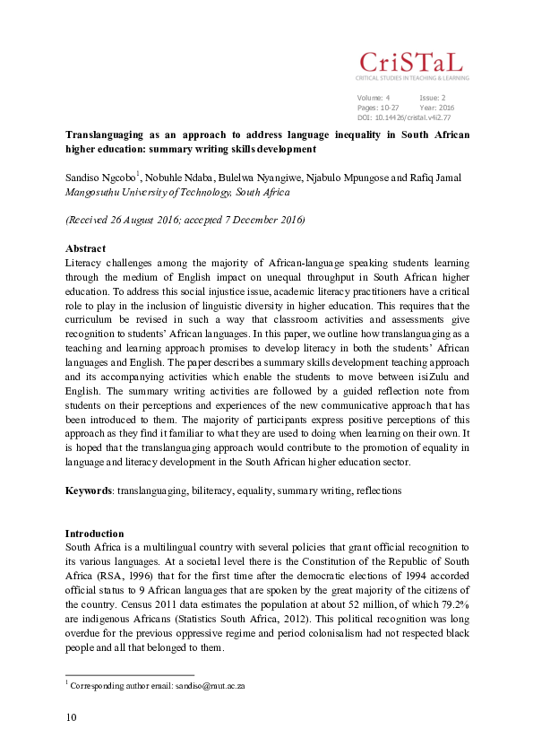 (PDF) Translanguaging as an approach to address language inequality in ...