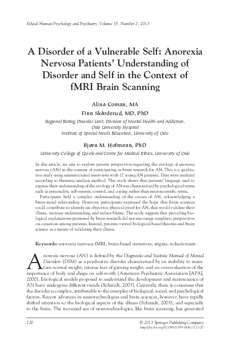 (PDF) A Disorder of a Vulnerable Self: Anorexia Nervosa Patients ...