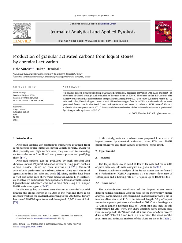 (PDF) Production of granular activated carbons from loquat stones by chemical activation