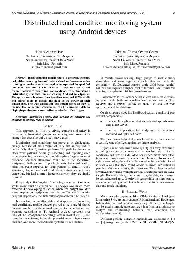 Pdf Distributed Road Condition Monitoring System Using Android Devices
