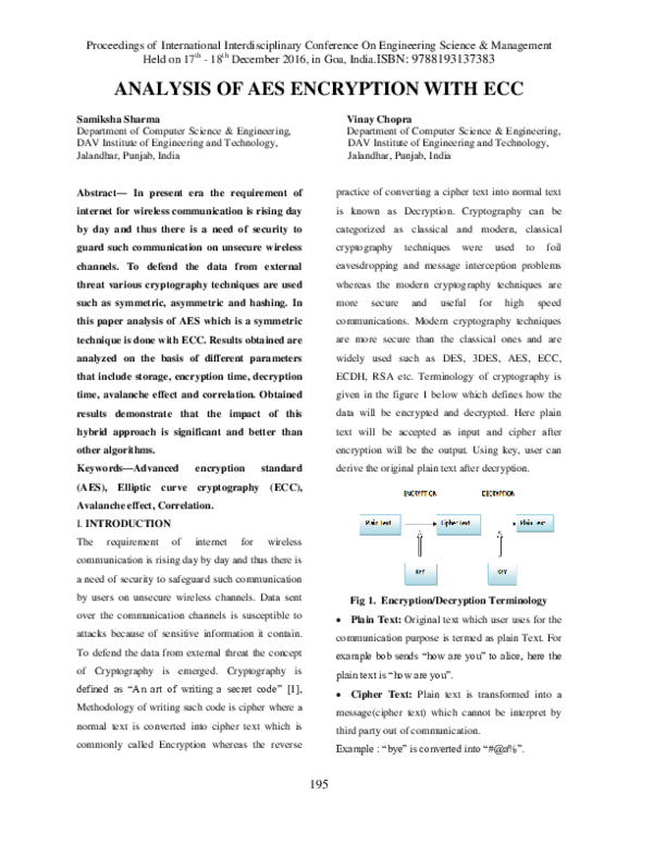 (PDF) Analysis of Aes Encryption with Ecc
