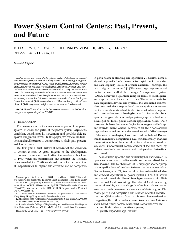 (PDF) Power System Control Centers: Past, Present, and Future