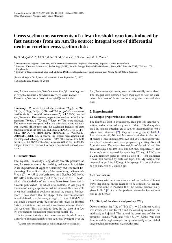 (PDF) Cross section measurements of a few threshold reactions induced ...