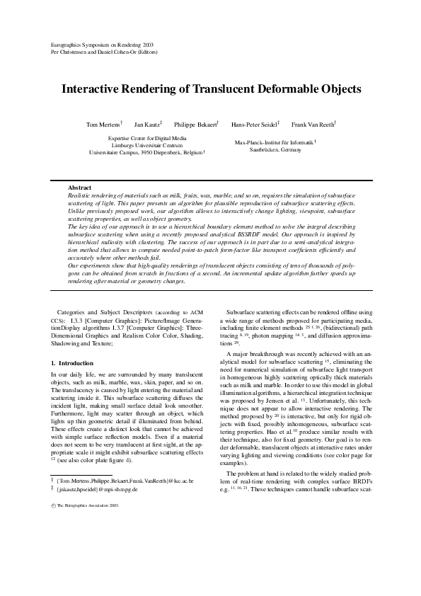 (PDF) Interactive rendering of translucent deformable objects