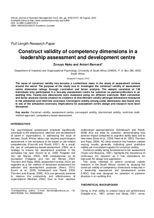 (PDF) Construct validity of competency dimensions in a leadership assessment and development centre