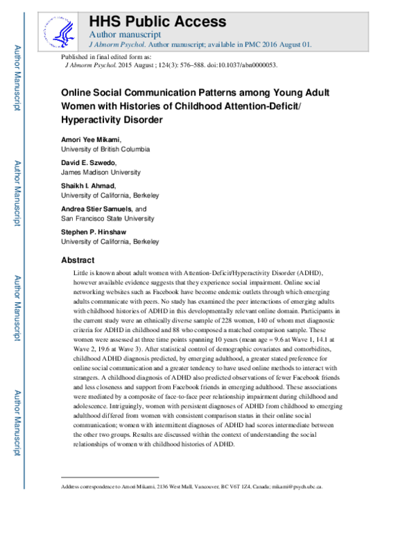 (PDF) Online Social Communication Patterns Among Young Adult Women With ...