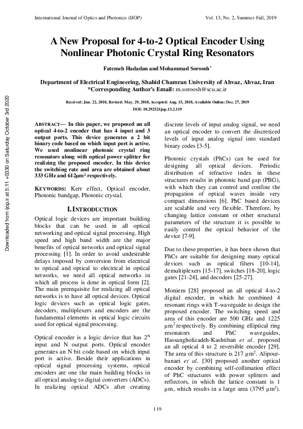 (PDF) A New Proposal for 4-to-2 Optical Encoder Using Nonlinear Photonic Crystal Ring Resonators