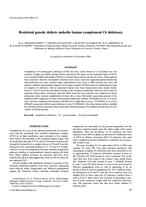 (PDF) Restricted genetic defects underlie human complement C6 deficiency