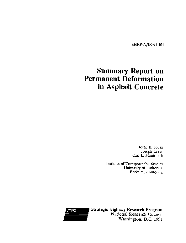 (PDF) Summary Report on Permanent Deformation In Asphalt Concrete