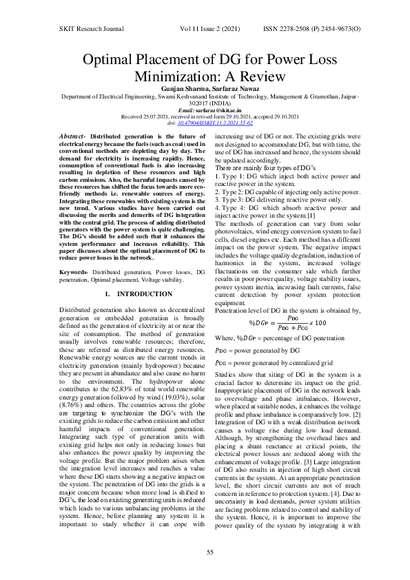 Pdf Optimal Placement Of Dg For Power Loss Minimization A Review
