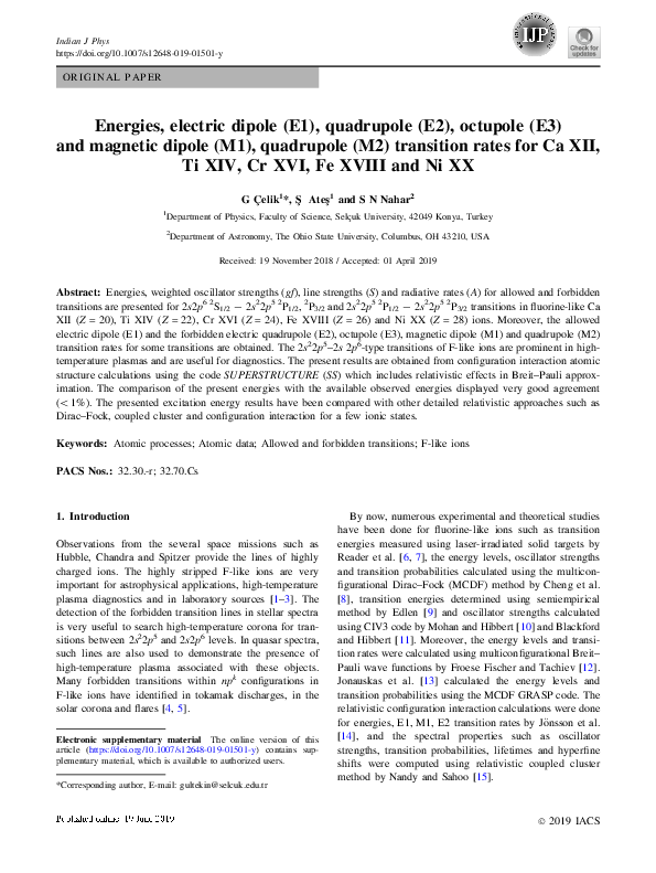 (PDF) Energies, electric dipole (E1), quadrupole (E2), octupole (E3) and magnetic dipole (M1 ...