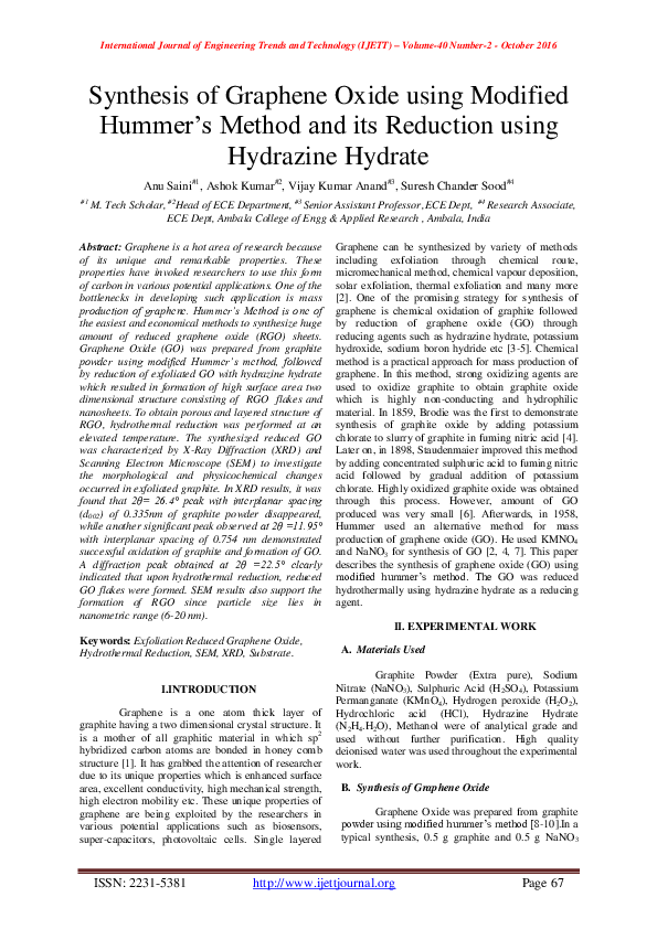 (PDF) Synthesis of Graphene Oxide using Modified Hummer’s Method and its Reduction using ...