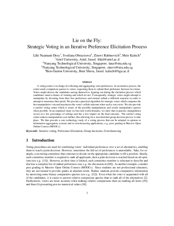 (PDF) Lie on the Fly: Strategic Voting in an Iterative Preference Elicitation Process | Lihi ...