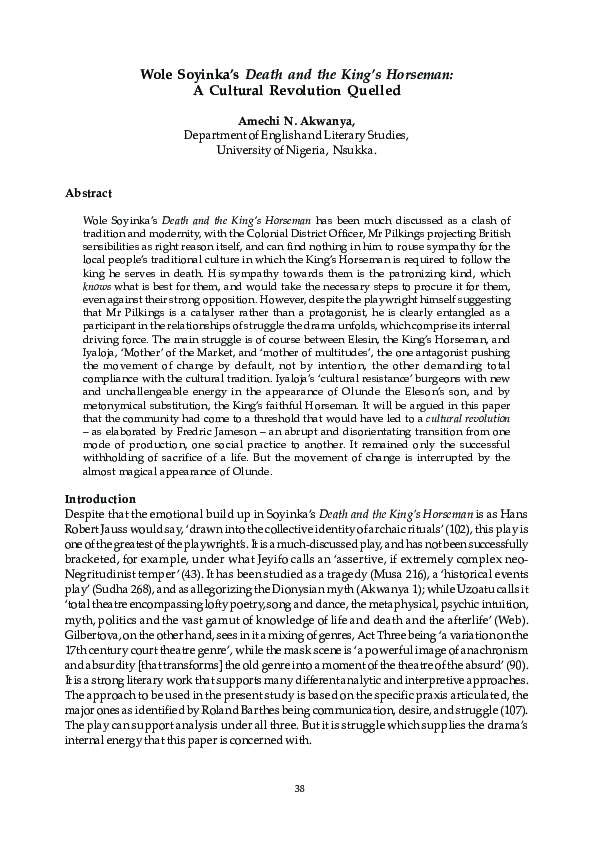 (PDF) Wole Soyinka S Death and the King S Horseman a Cultural ...