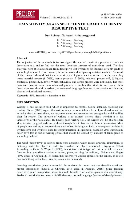 (PDF) Transitivity Analysis of Tenth Grade Students’ Descriptive Text
