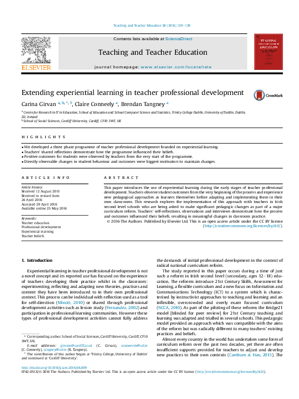 (PDF) Extending experiential learning in teacher professional development