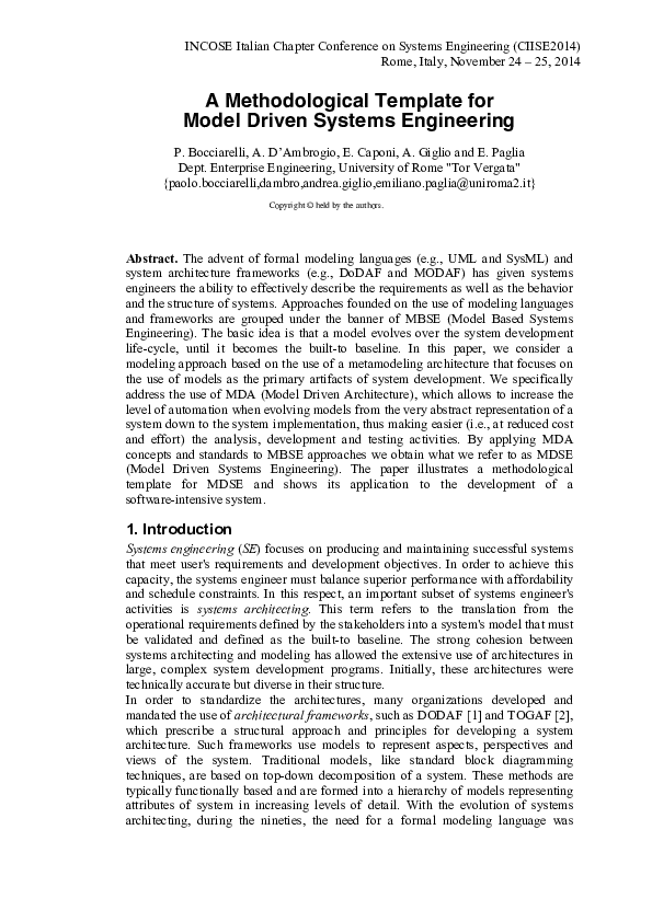 (PDF) A Methodological Template for Model Driven Systems Engineering