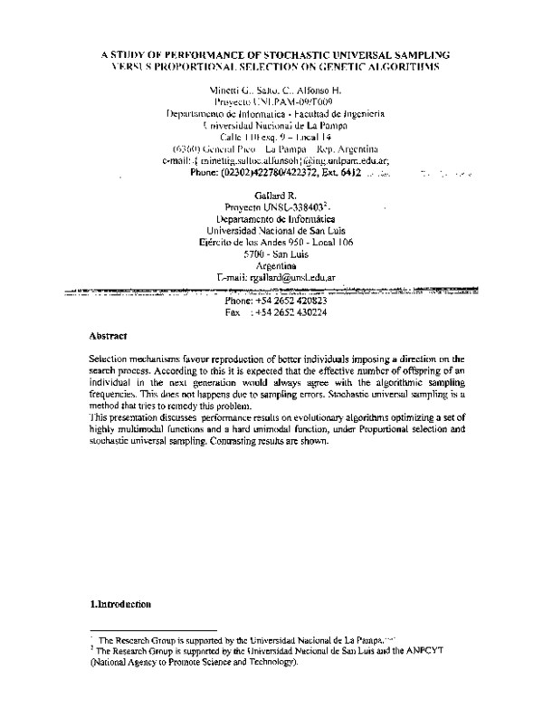 (PDF) A study of performance of stochastic universal sampling versus proportional selection on ...