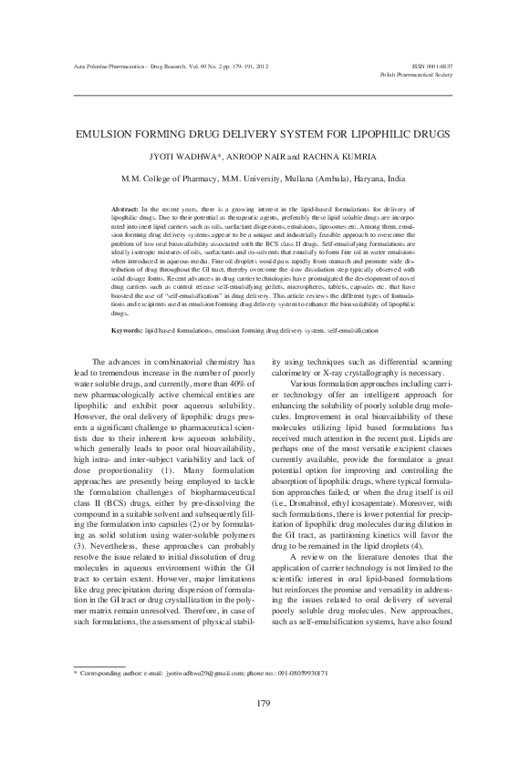 (PDF) Emulsion forming drug delivery system for lipophilic drugs