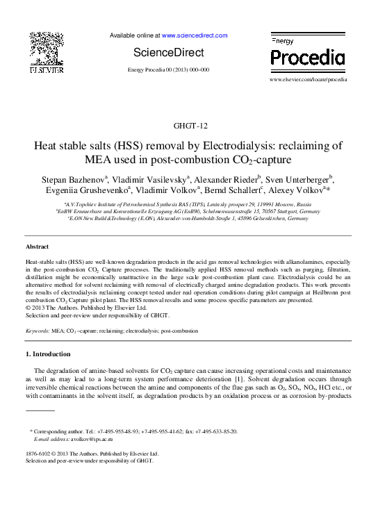 (PDF) Heat Stable Salts (HSS) Removal by Electrodialysis: Reclaiming of ...