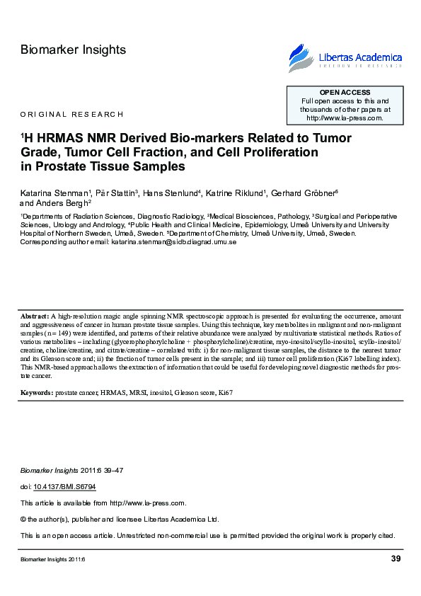 (PDF) 1 H HRMAS NMR Derived Bio-markers Related to Tumor Grade, Tumor ...