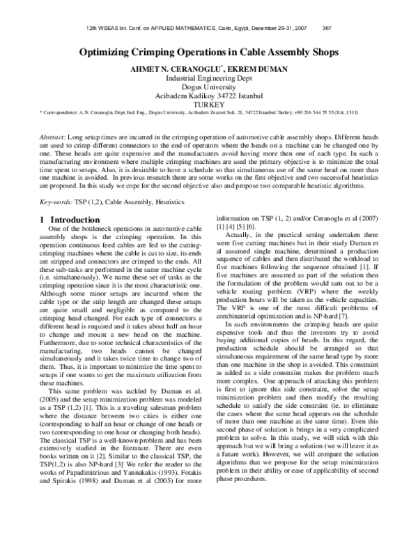 (PDF) Optimizing Crimping Operations in Cable Assembly Shops