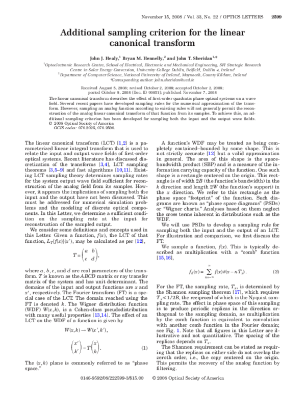 Pdf Additional Sampling Criterion For The Linear Canonical Transform