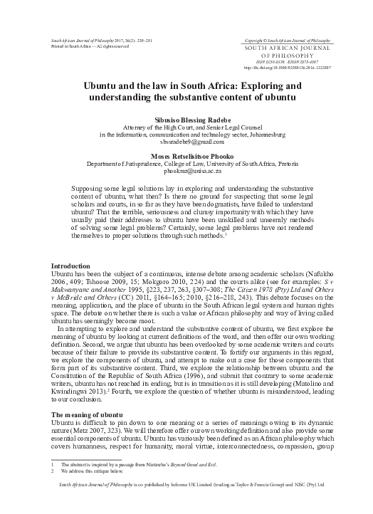 (PDF) Ubuntu and the law in South Africa: Exploring and understanding ...