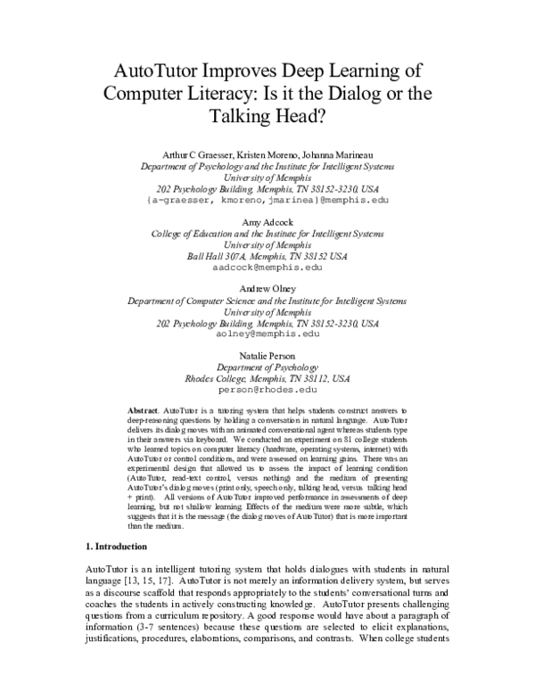 (PDF) AutoTutor improves deep learning of computer literacy: Is it the dialog or the talking head