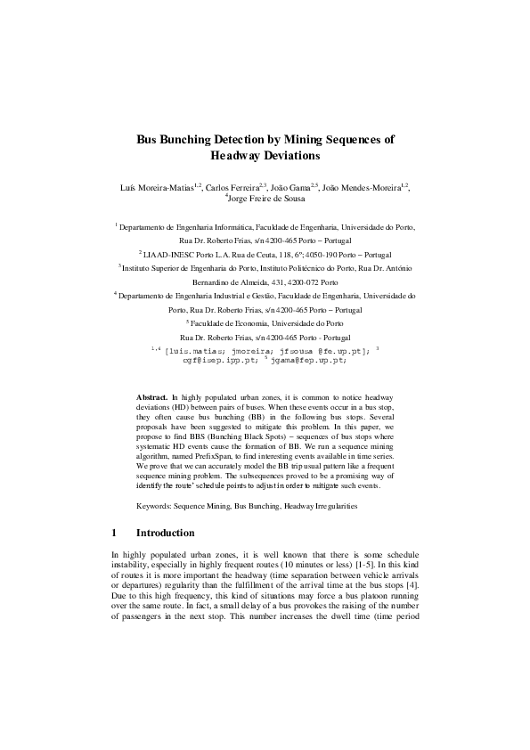 (PDF) Bus Bunching Detection by Mining Sequences of Headway Deviations | João Moreira - Academia.edu