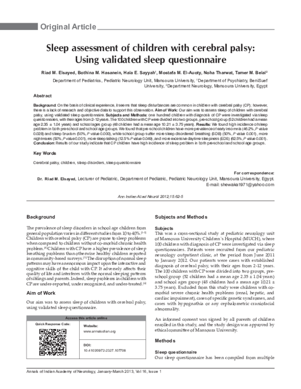 (PDF) Sleep assessment of children with cerebral palsy: Using validated ...