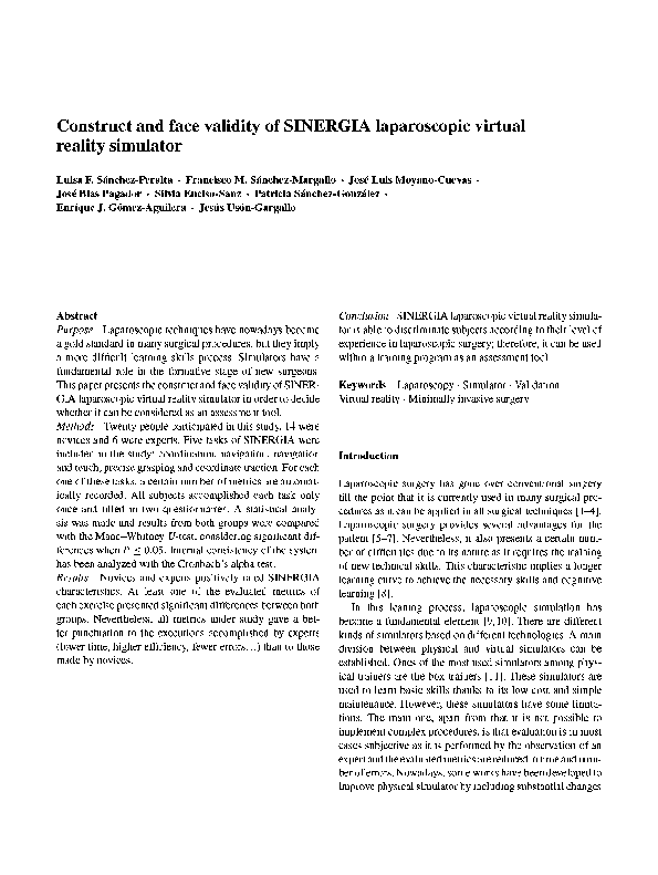 (PDF) Construct and face validity of SINERGIA laparoscopic virtual reality simulator
